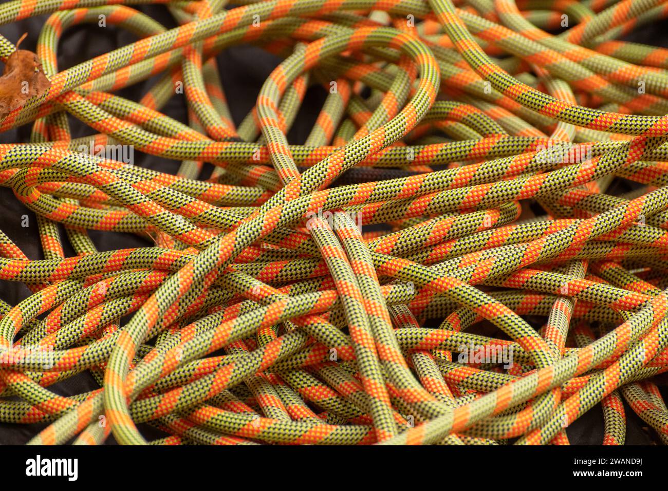 Low depth-of-field photo of a haphazardly coiled rock climbing rope ...