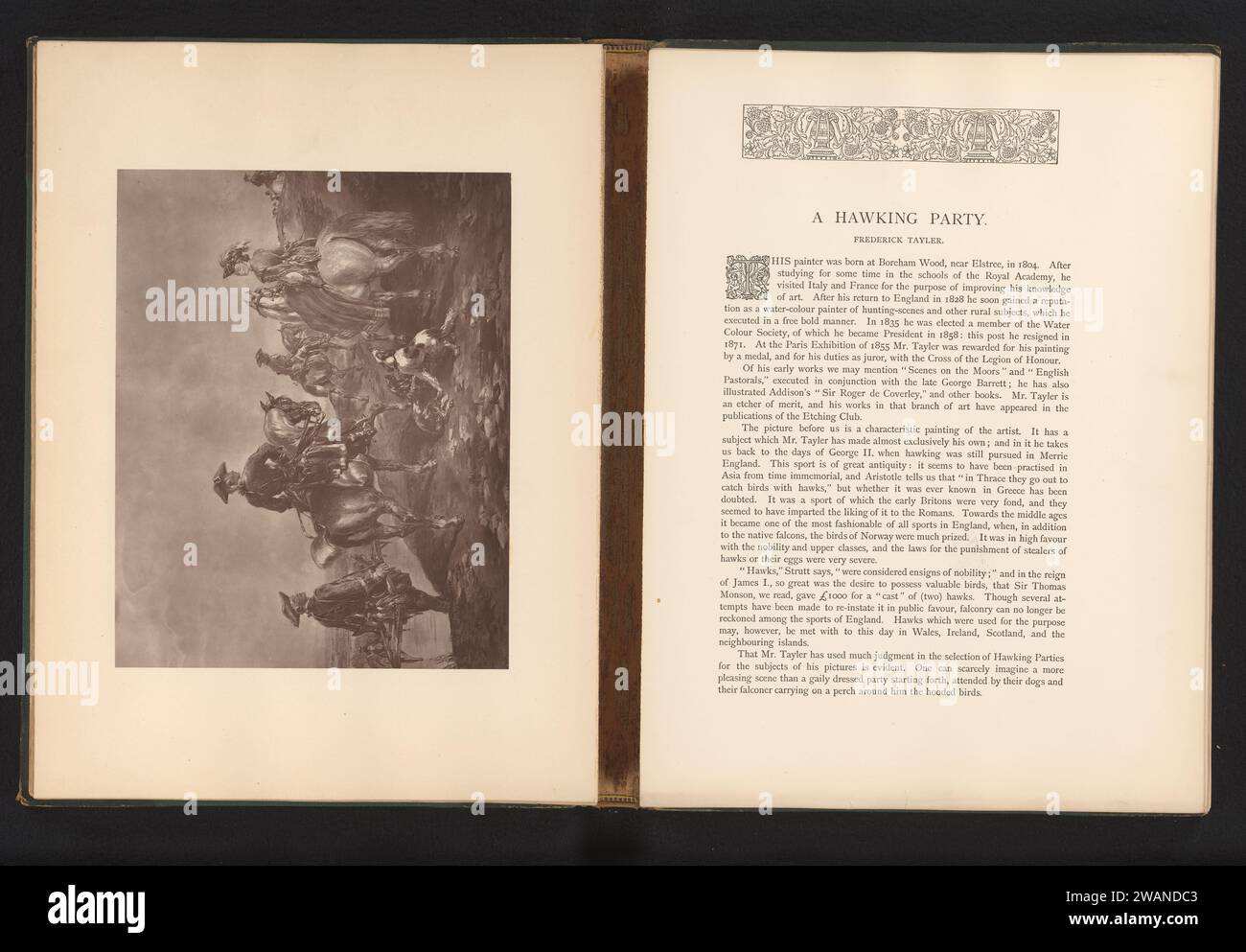 Reproduction of a painting of landscape with a group of falconers by ...