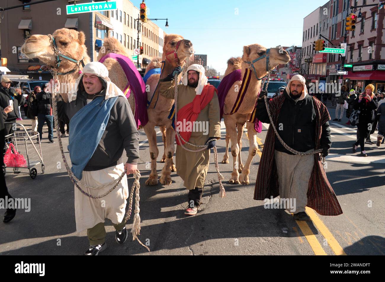 New York City, United States. 05th Jan, 2024. Three parade participants ...