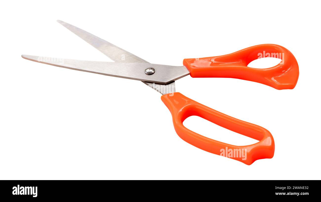 multipurpose scissors with orange handle is isolated on white ...