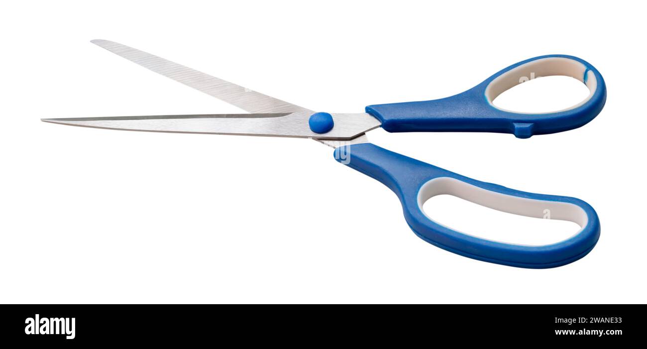 Multipurpose scissors with blue handle is isolated on white background ...