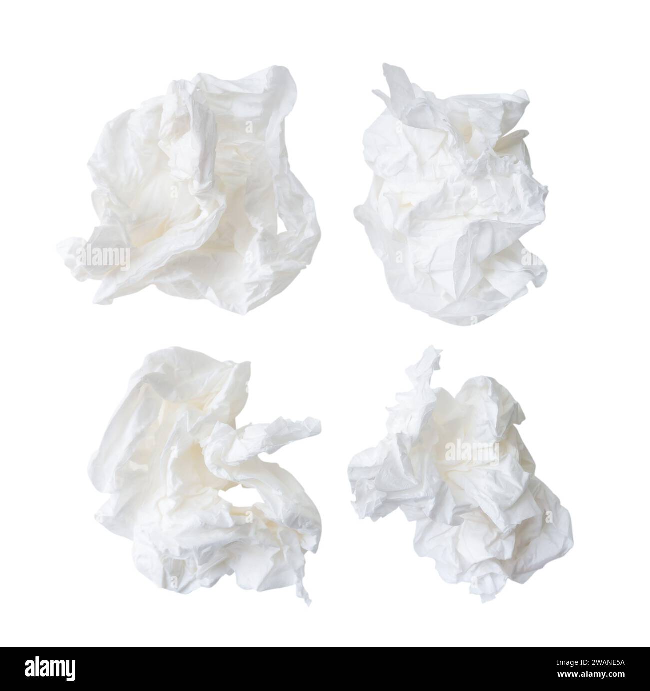 top view of crumpled tissue paper or toilet paper in set after use in ...