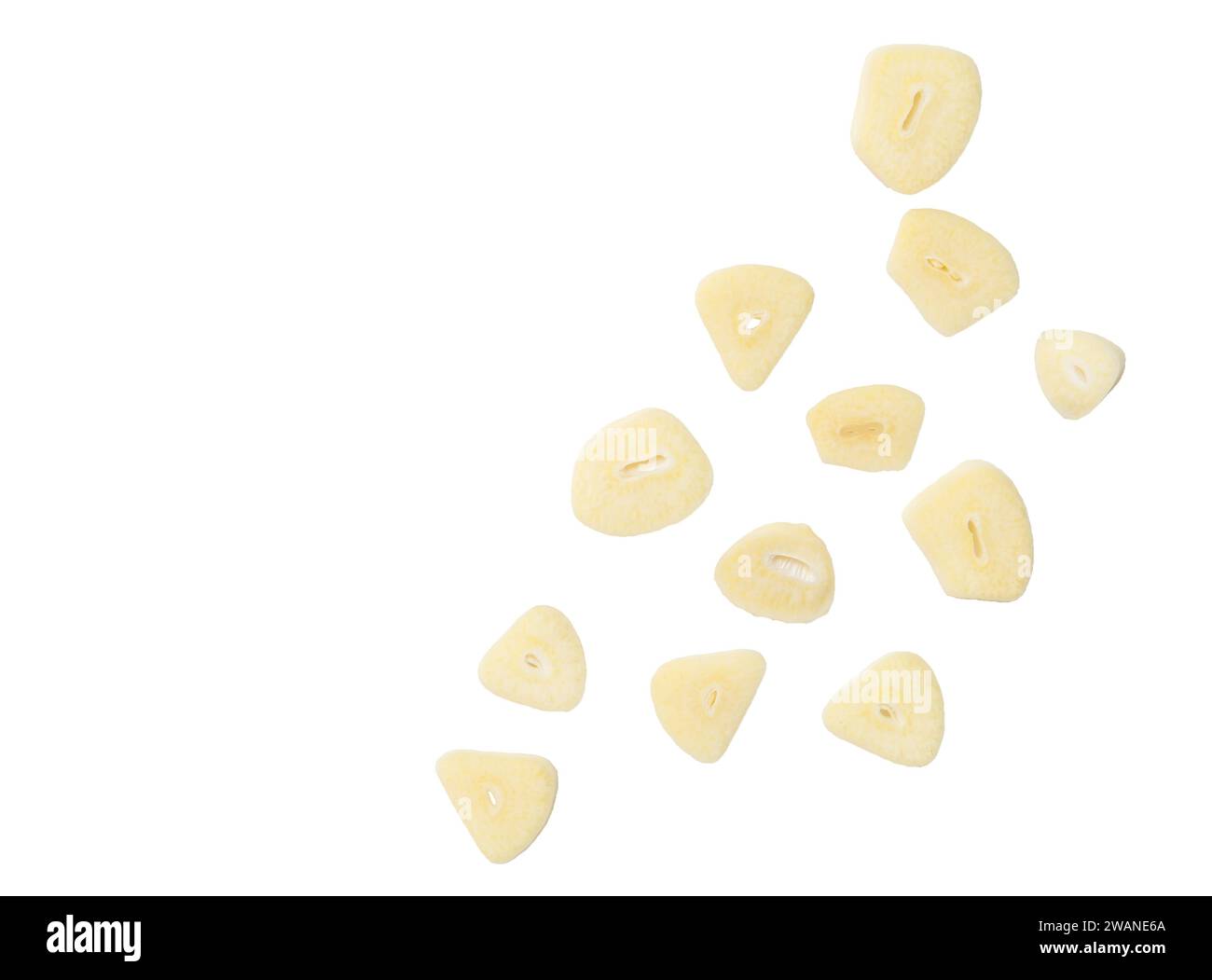 Top view set of garlic slices is isolated on white background with ...