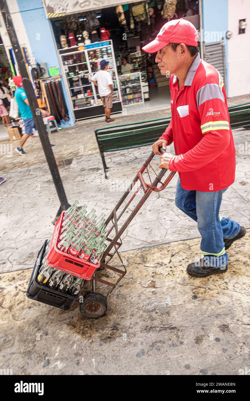 Merida Mexico,centro historico central historic district,pushing dolly ...