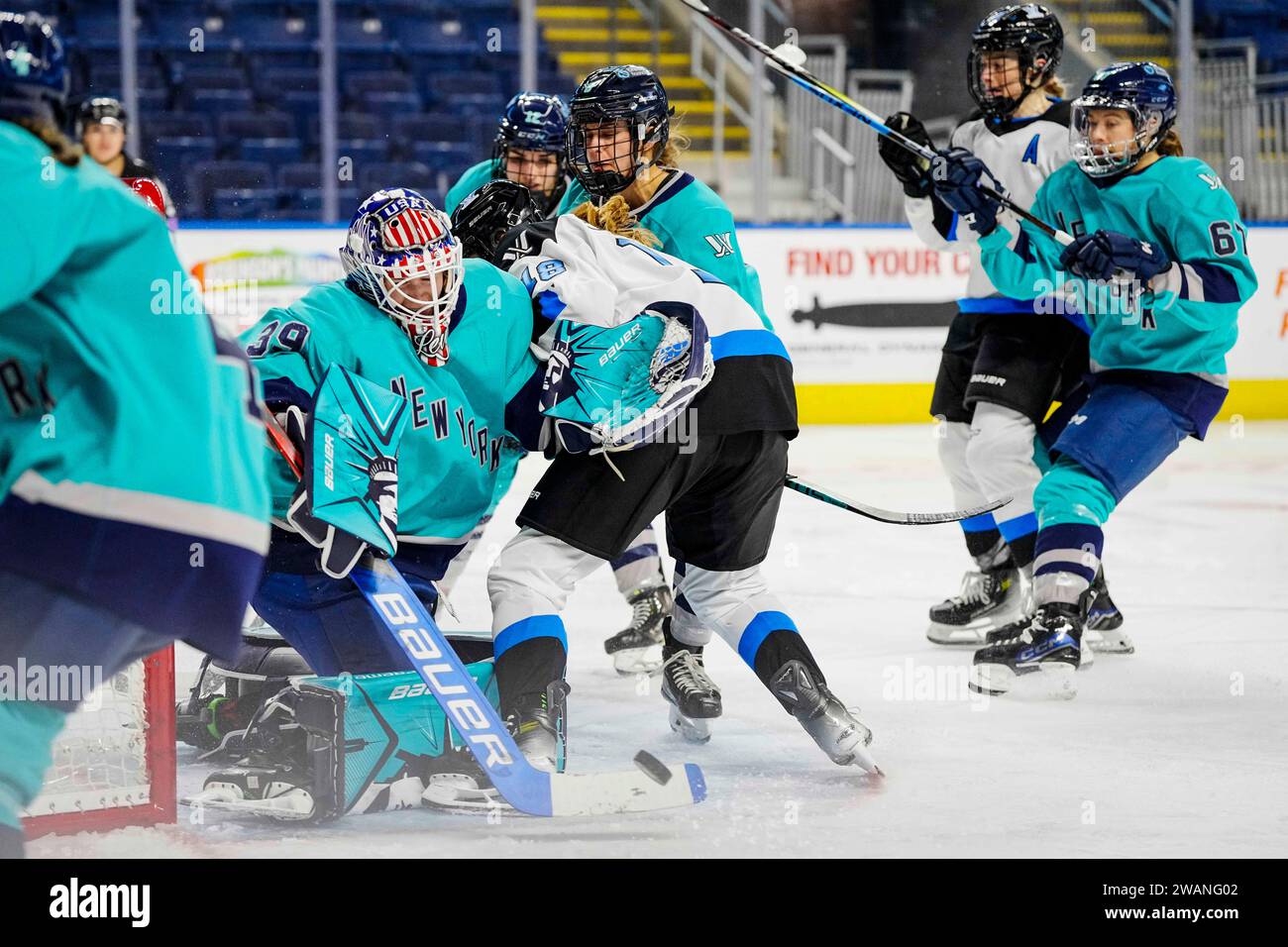 Bridgeport, CT, USA. 5th Jan, 2024. PWHL New York goaltender Abbey Levy ...