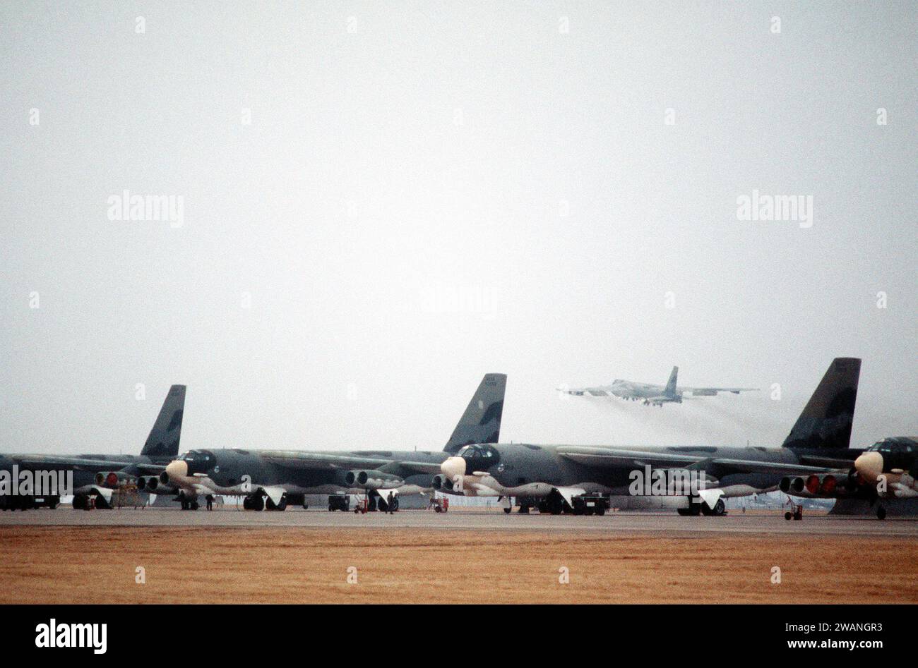 A left front view of B-52 Stratofortress aircraft being readied for an ...