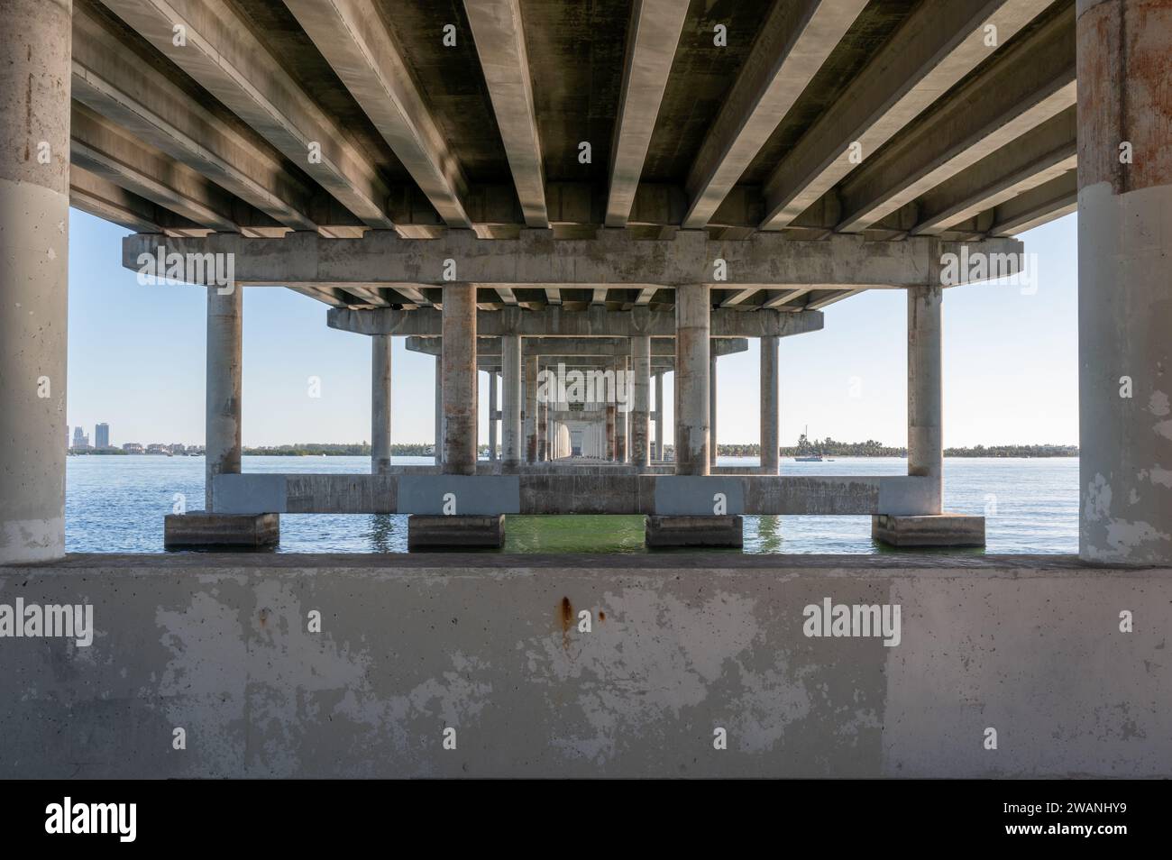 Underside of Rickenbacker Causeway bridge in Miami, Florida showing ...
