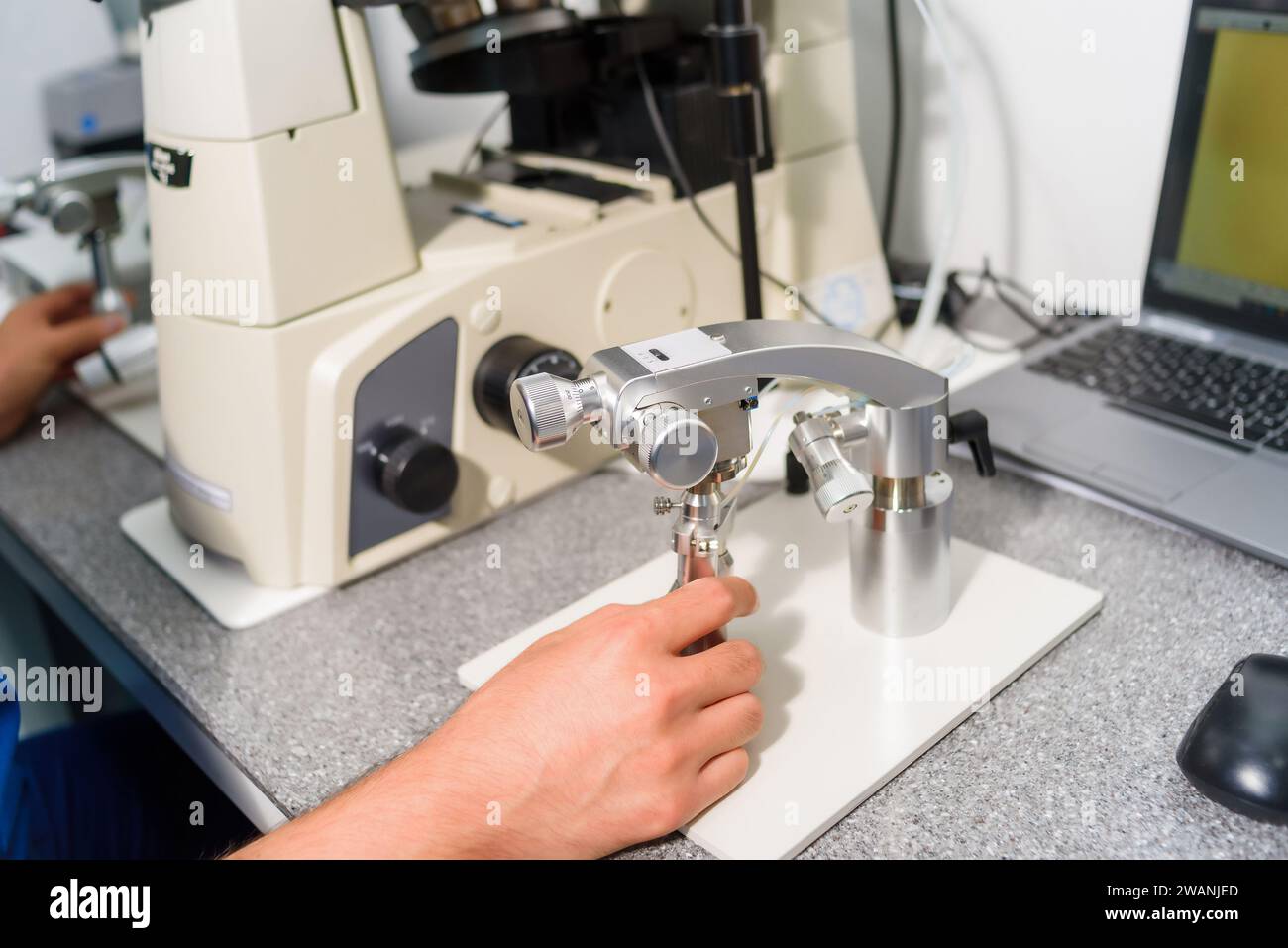 Doctor using IVF micromanipulator with Petri Dish on it for ...