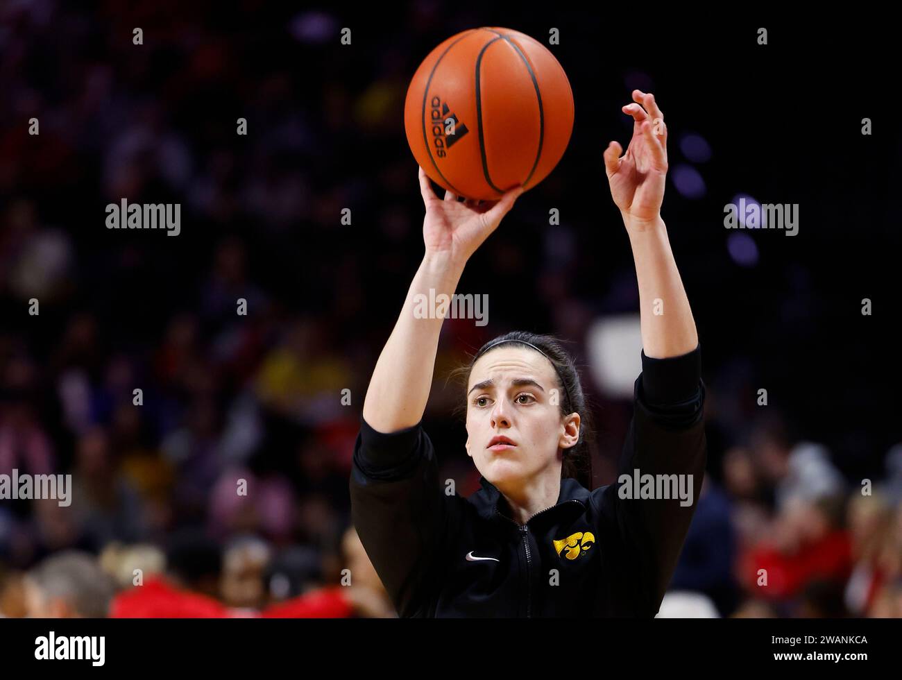 Iowa guard Caitlin Clark shoots free throw during warm up before an ...