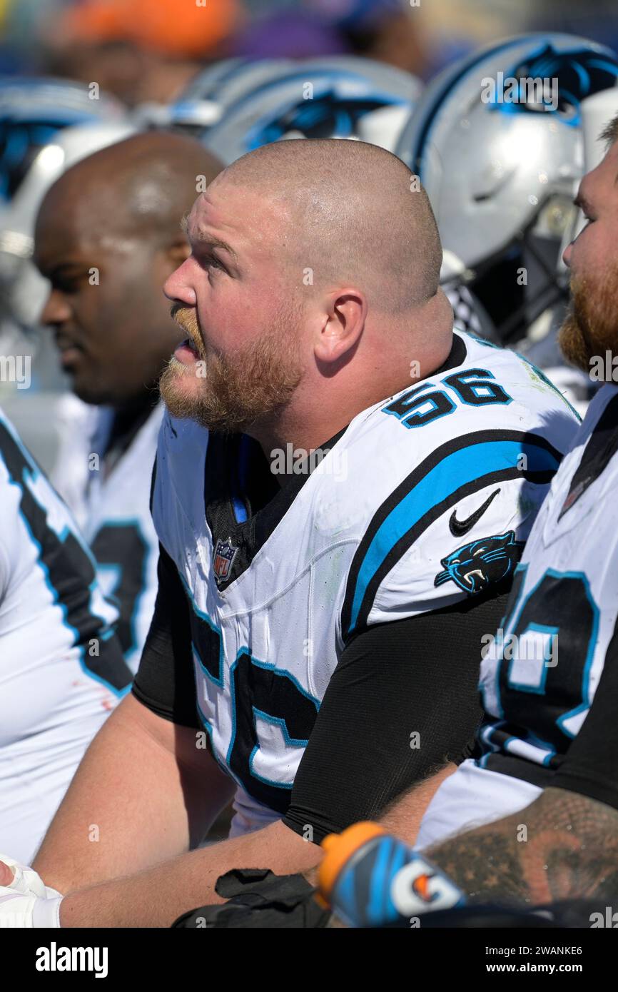 Carolina Panthers center Bradley Bozeman (56) watches from the sideline ...