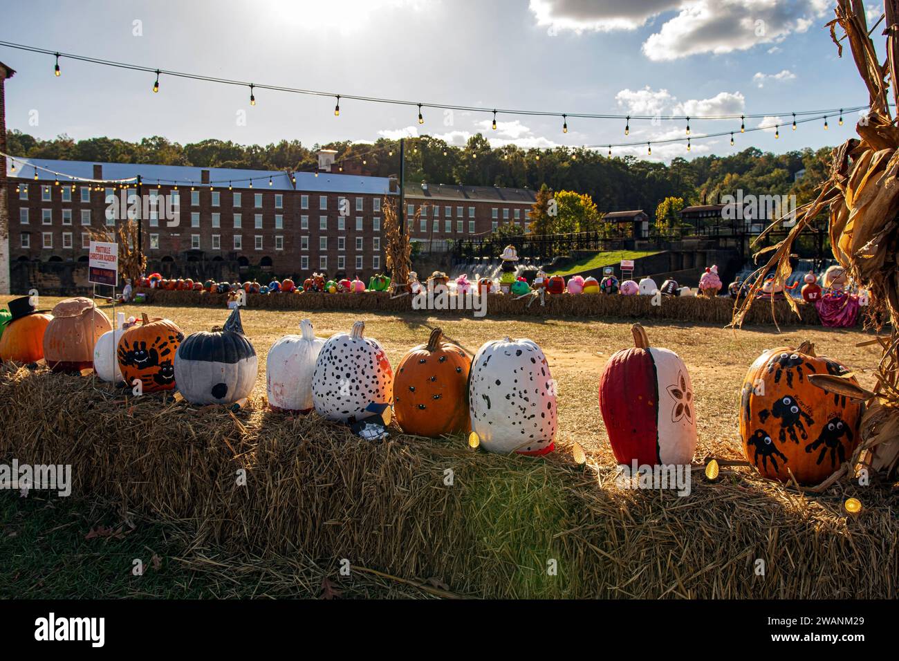 Prattville, Alabama, USA- Oct. 27, 2023: Decorated pumpkins lined up on ...