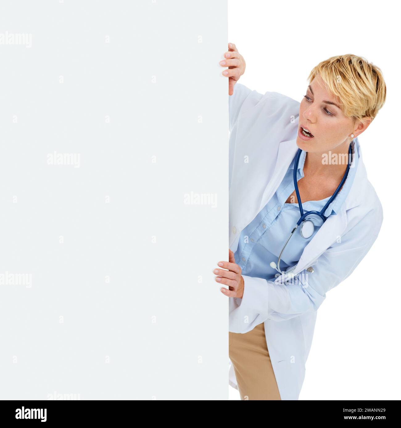 Doctor, woman and surprise, poster for advertising and healthcare ...