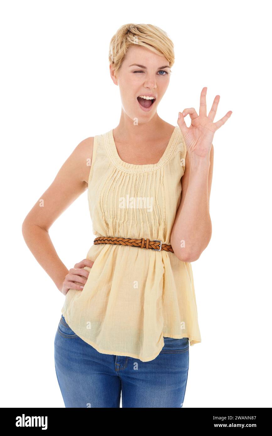 Happy woman, portrait and wink with okay sign for good job or perfect ...