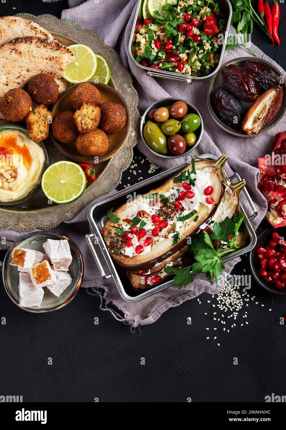 Middle eastern or Arabic different dishes on black background. Tasty ...