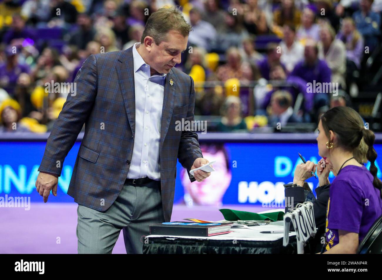 January 05, 2024: LSU Head Coach Jay Clark speaks with the official at ...