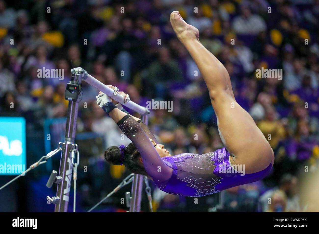 January 05, 2024: LSU's Ashley Cowan competes on the bars during NCAA ...