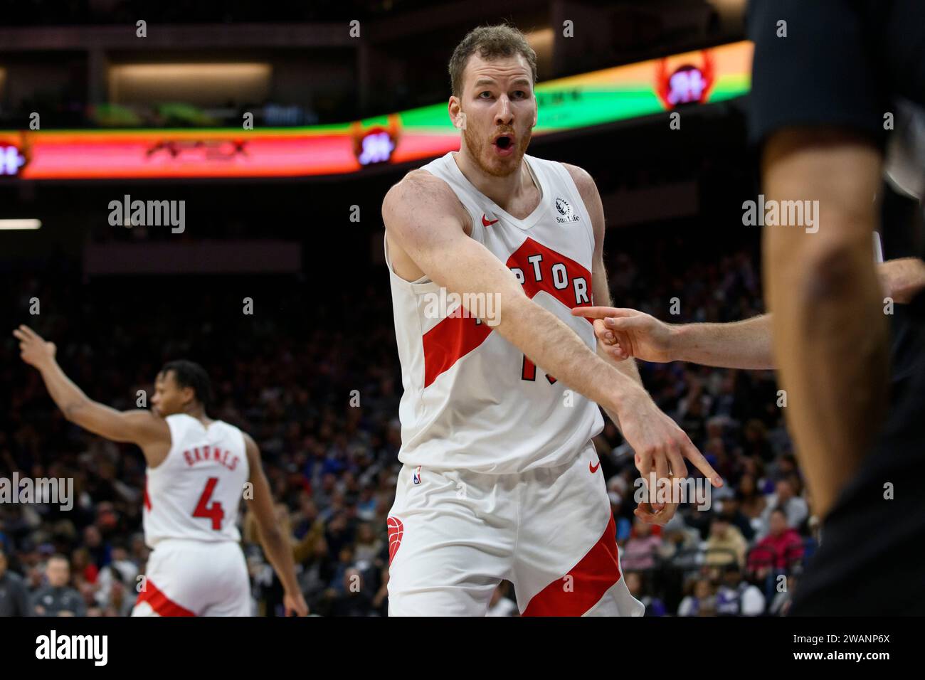 Toronto Raptors center Jakob Poeltl reacts to an official's call during ...