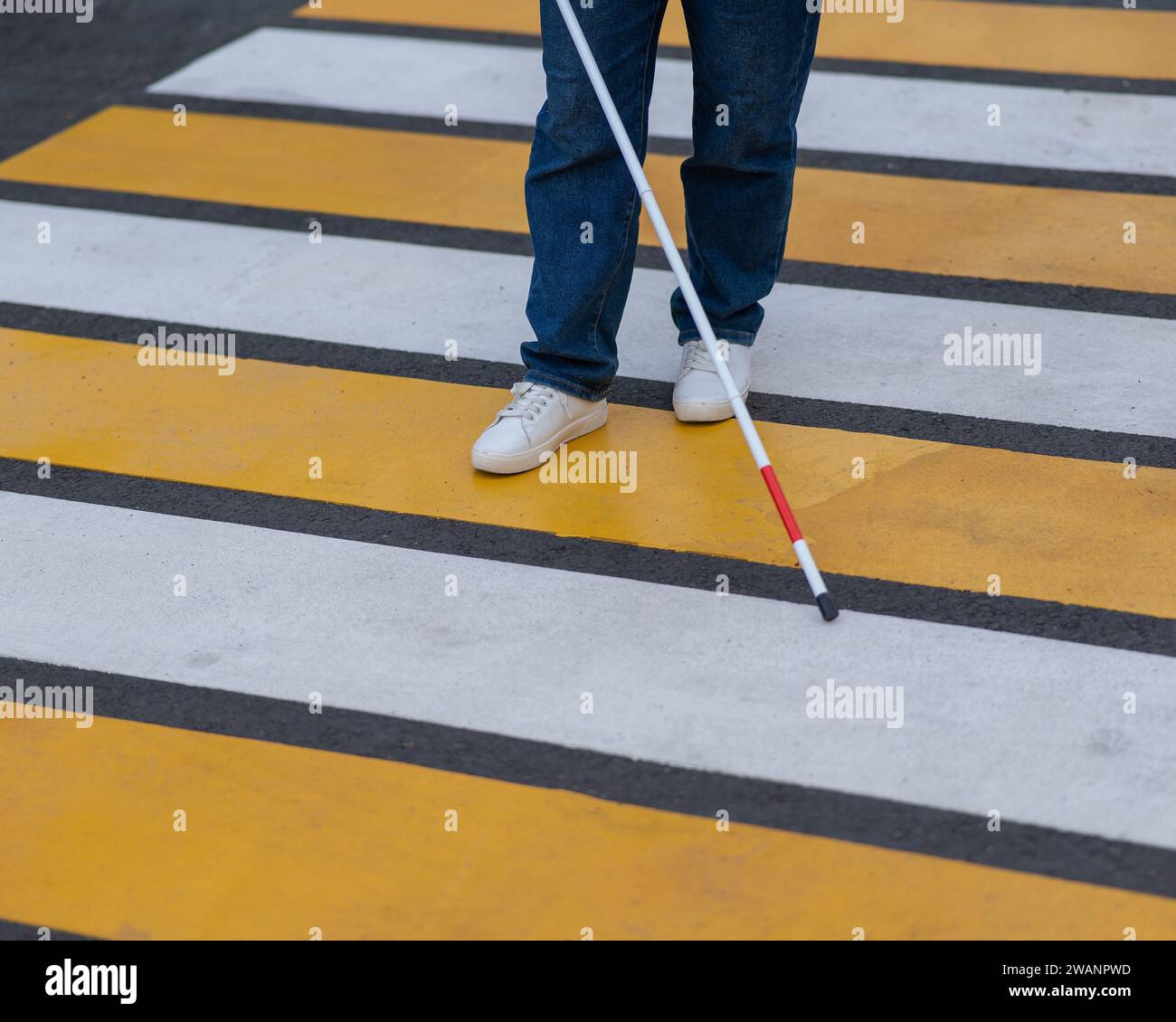 Close-up of the legs of a blind woman crossing the road at a crosswalk ...