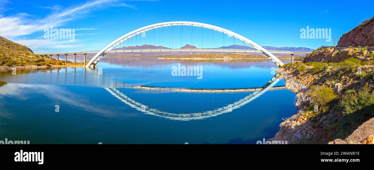 Roosevelt Bridge Arch Ellipse Reflected in Apache Trail Lake Calm Water ...