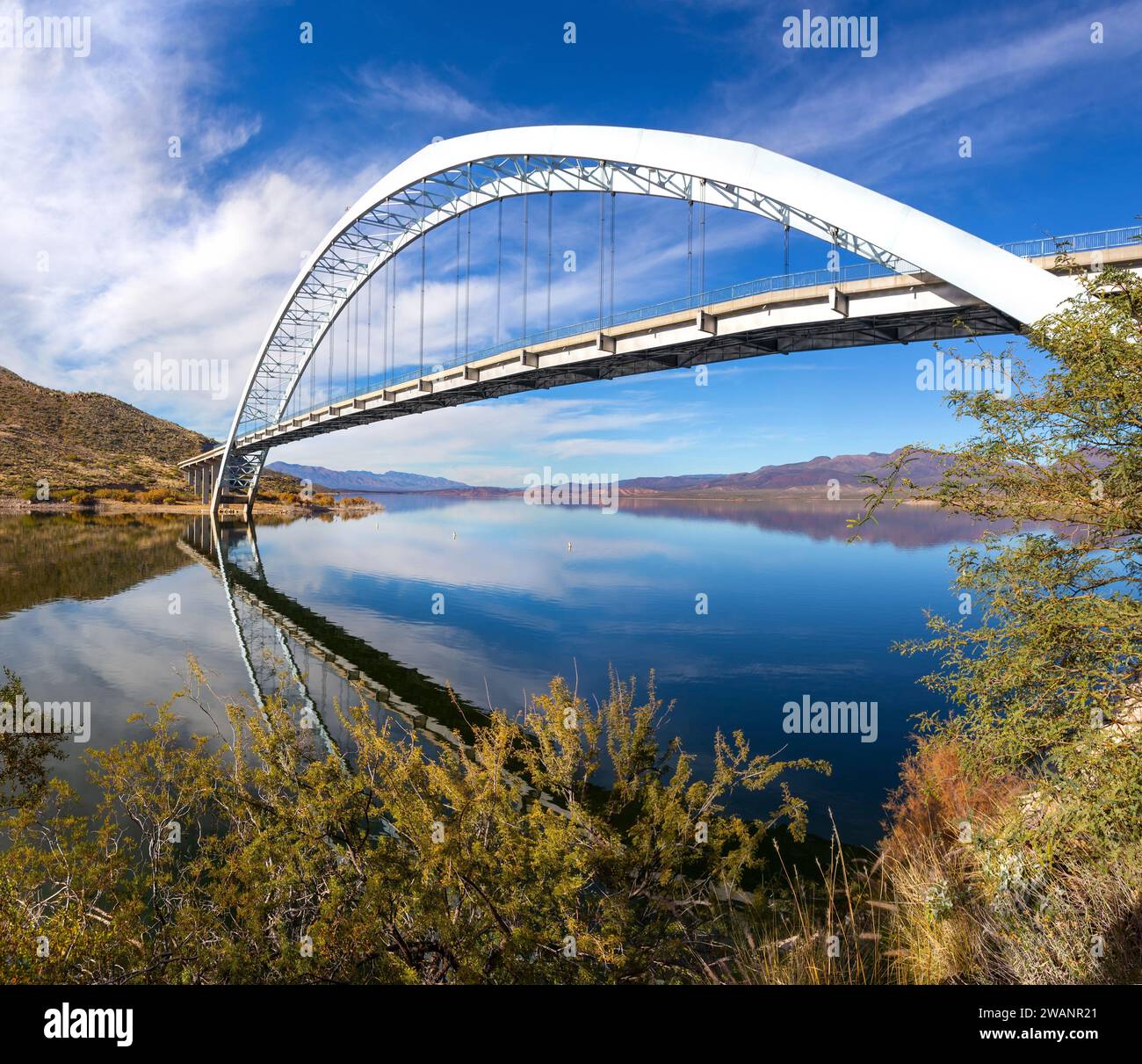 Roosevelt Bridge Arch Ellipse Reflected in Apache Trail Lake Calm Water ...