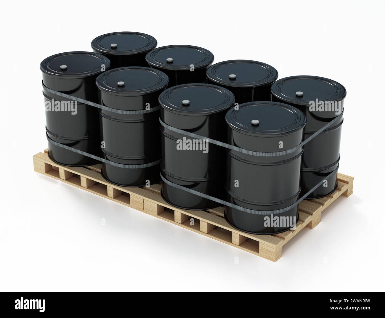 Stack of crude oil barrels on wooden pallet isolated on white ...