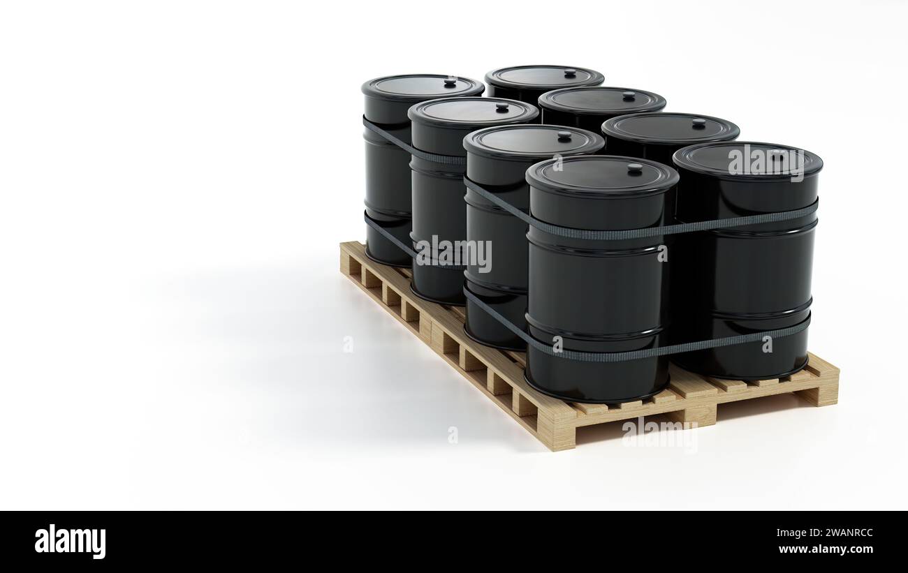 Stack of crude oil barrels on wooden pallet isolated on white ...