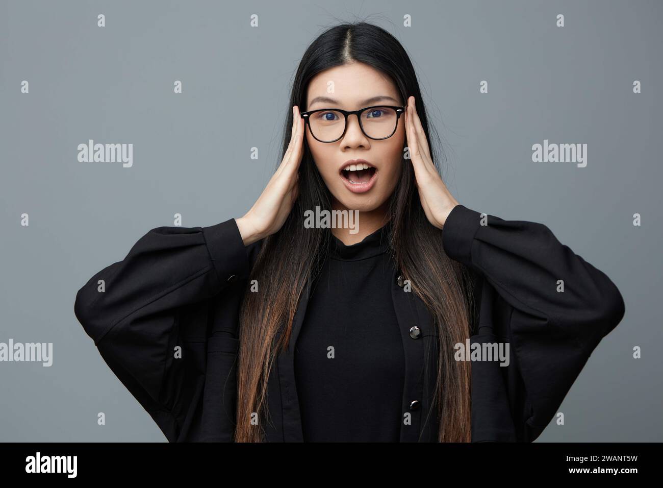 Finger woman background glasses beautiful pointing portrait asian Stock ...