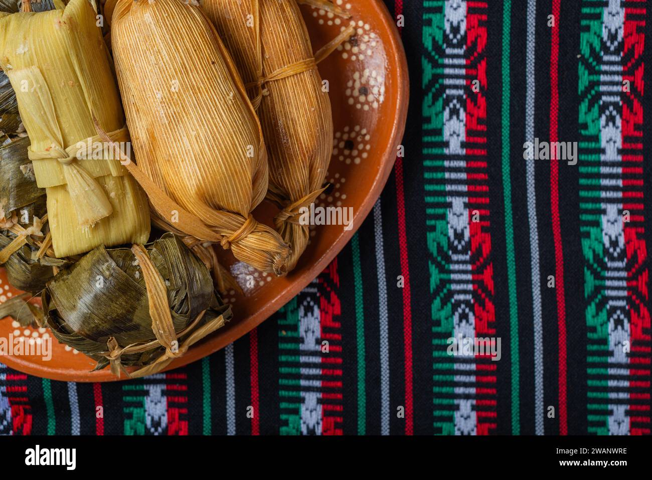 Different tamales in a clay dish on a tablecloth with the colors of the ...