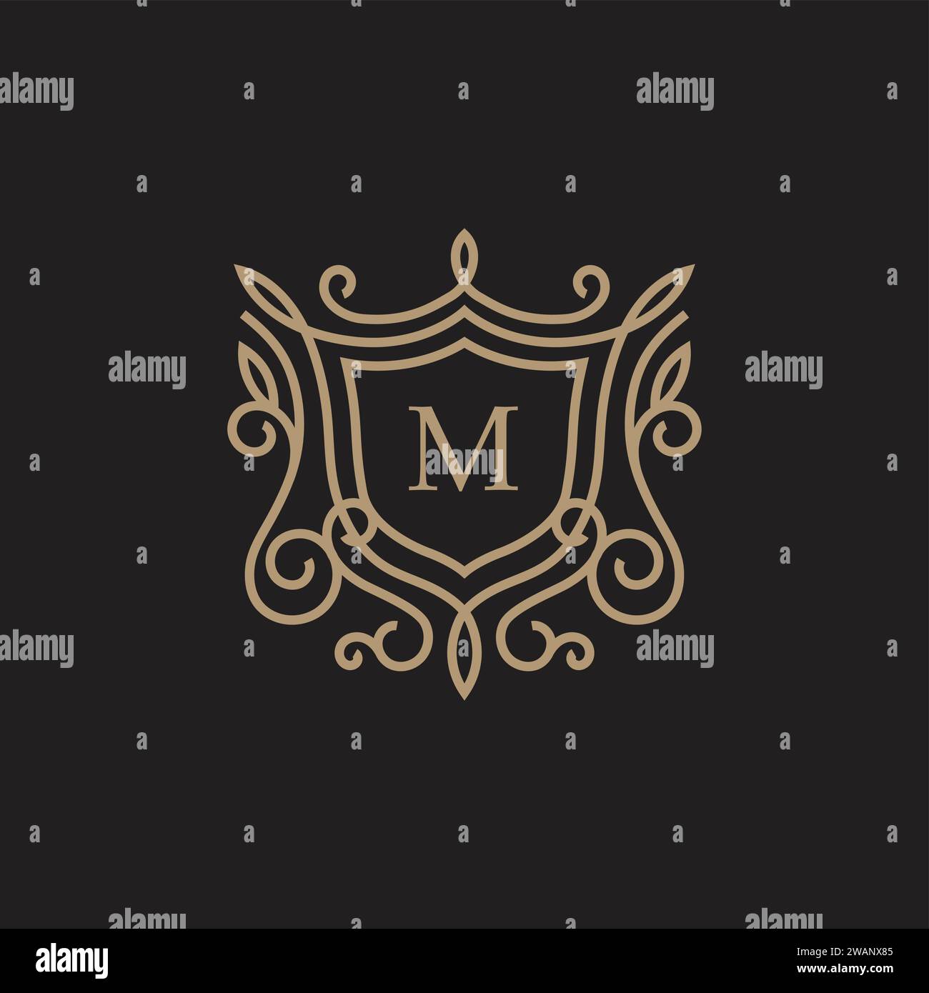 Premium linear shield monogram letter M logotype. Elegant crest leaf stamp icon vector logo ...