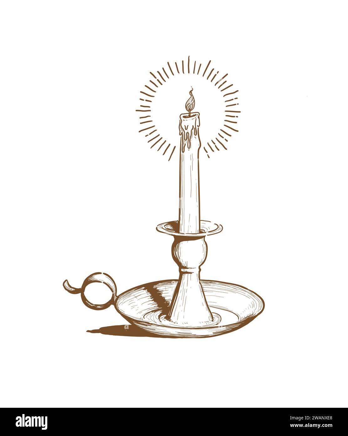 Hand drawn burning candle in vintage candlestick with rays of light vector illustration Stock ...