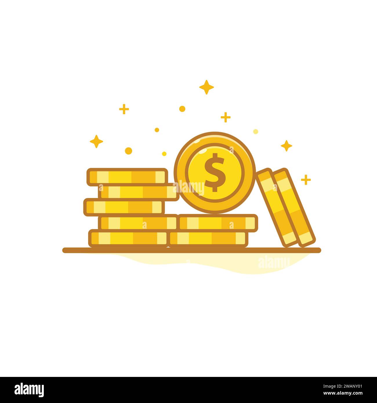Golden coins stack with coin in front of it vector flat illustration ...