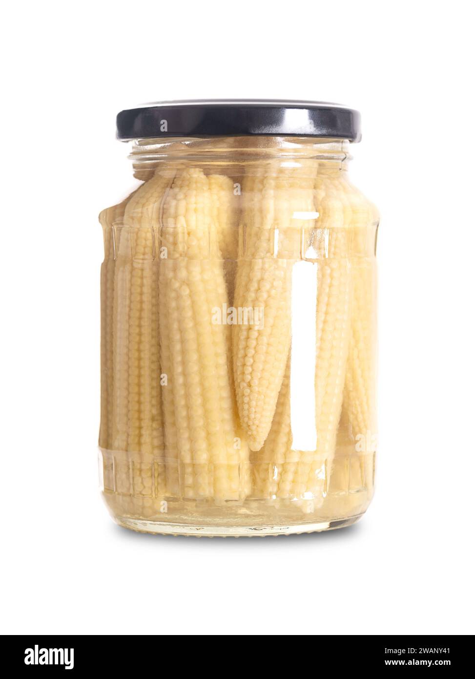 Baby corn, pickled in a glass jar. Also known as young corn, cornlettes ...