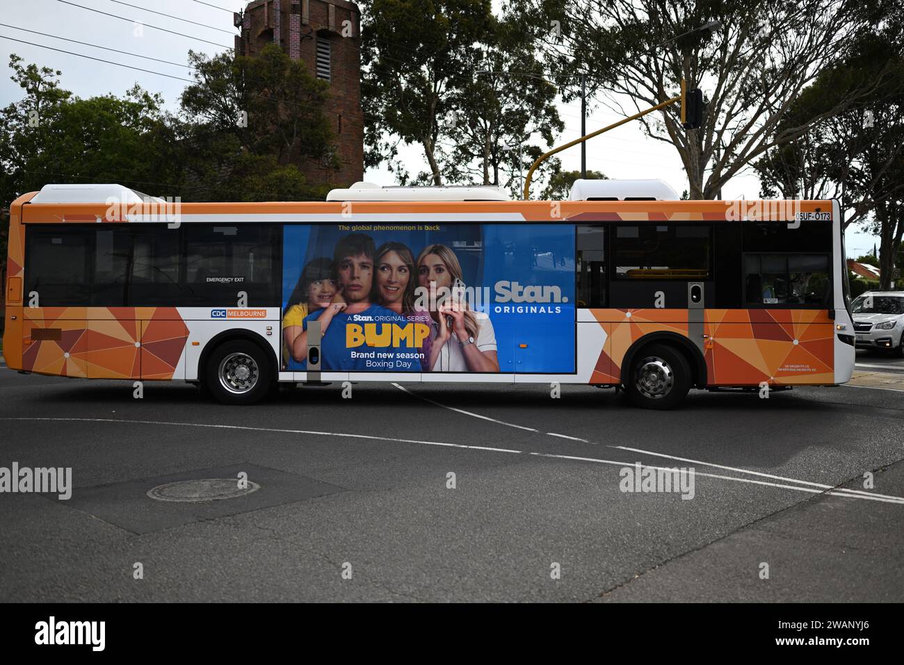 CDC Melbourne operated bus turning into Booran Rd, with an ad for Stan ...