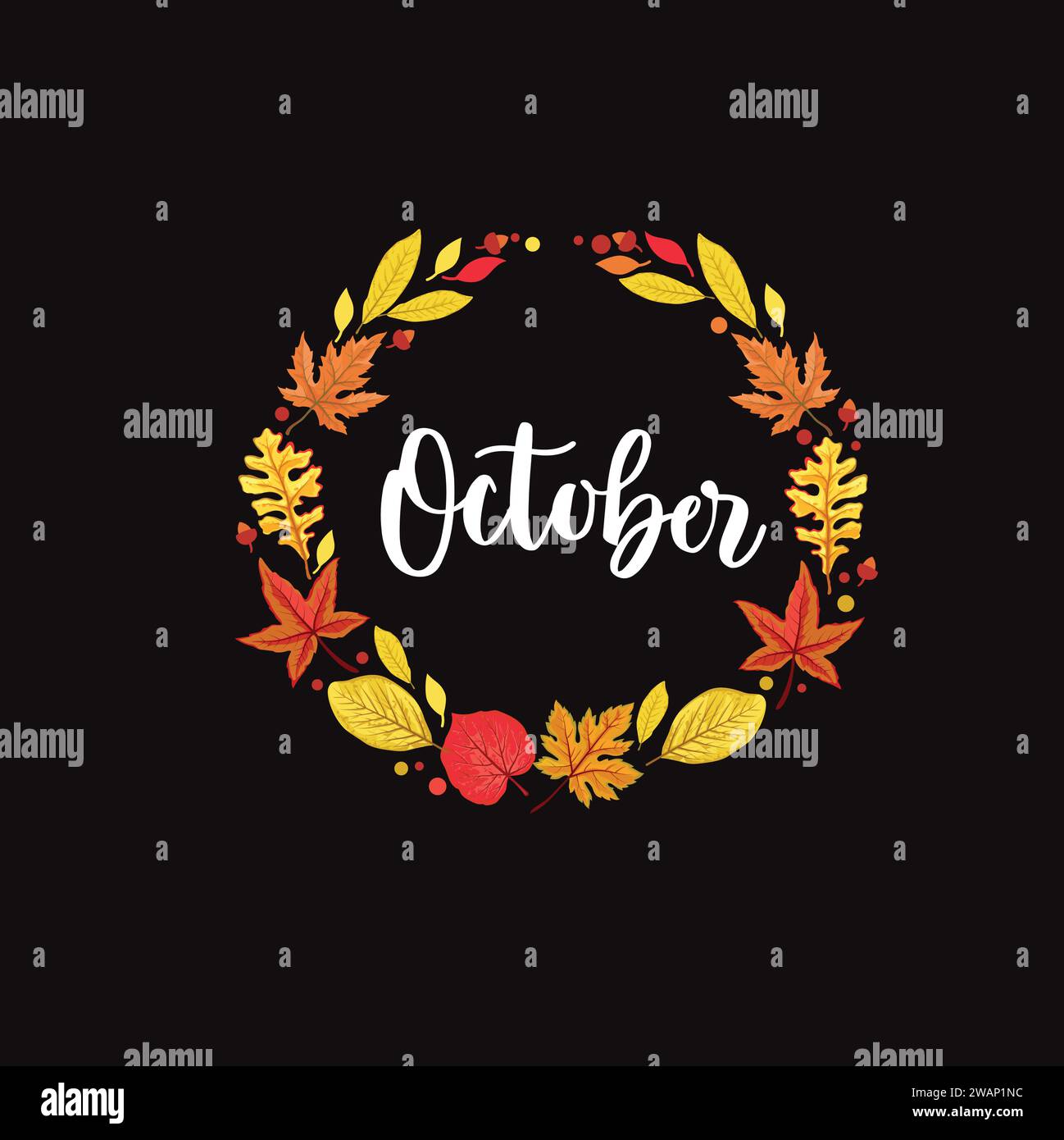 October handwritten lettering vector text in wreath with autumn leaves ...
