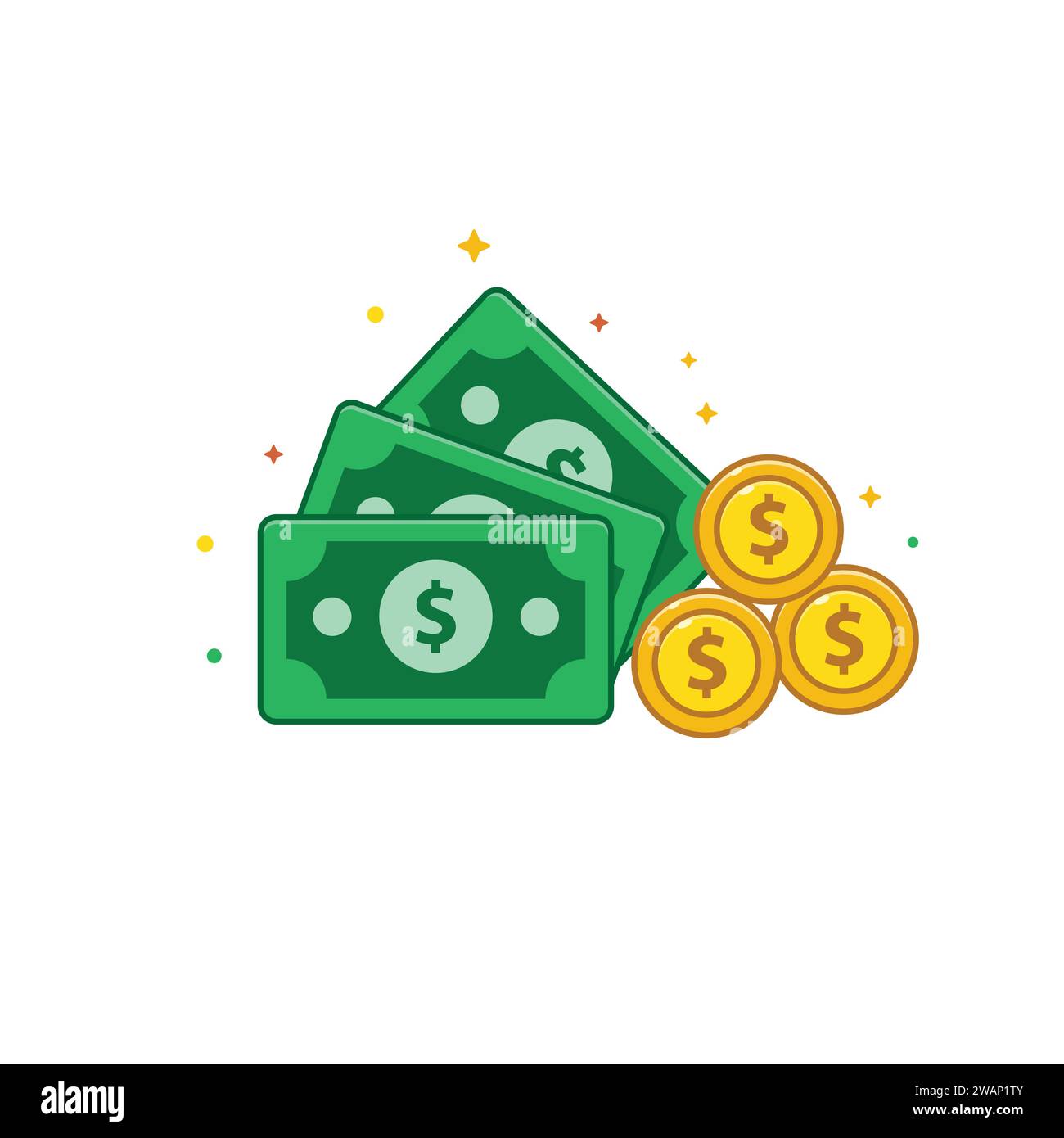 Green Dollars and Coin Icon isolated on white background. Money Vector ...