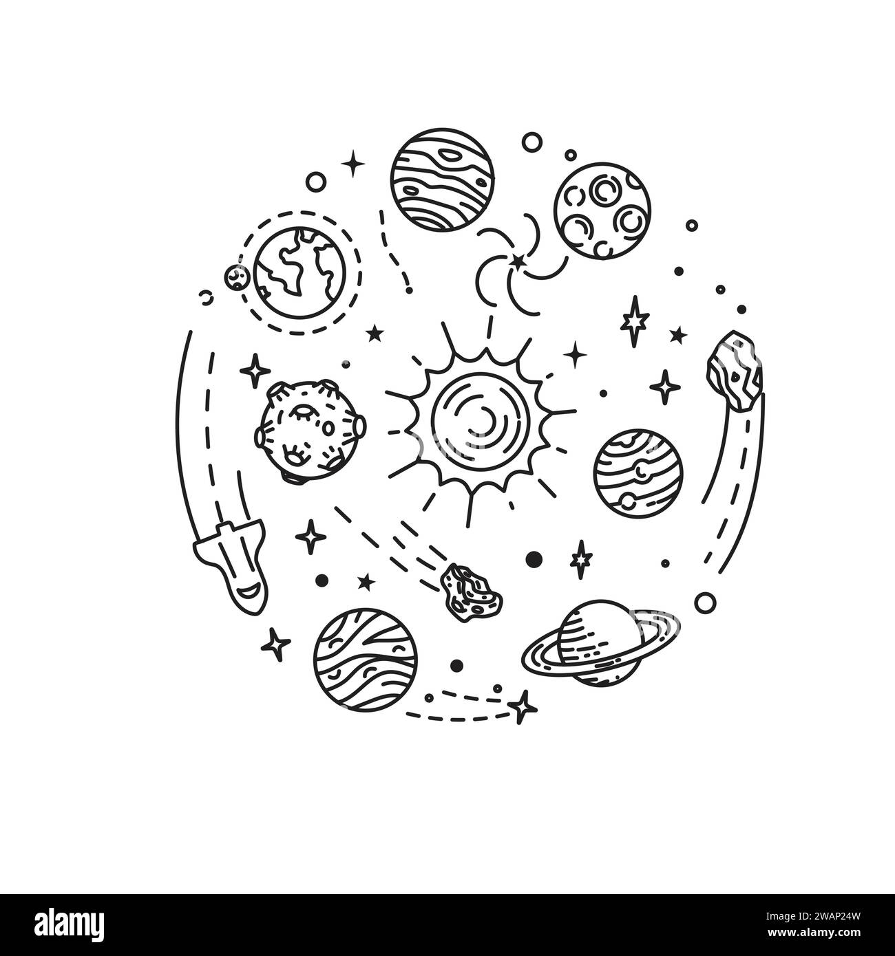 Doodle solar system. Hand drawn sketch planets, cosmic comet and stars ...