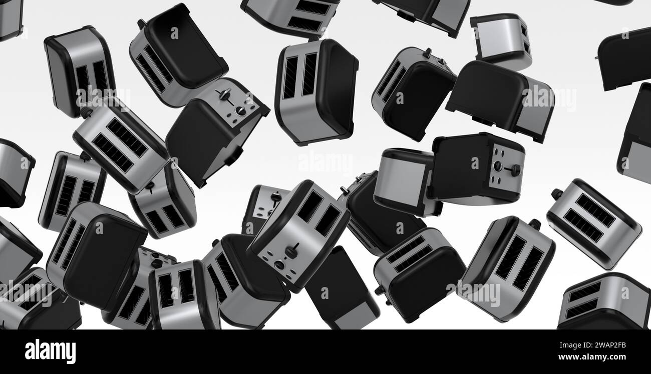 Many of flying stainless steel toaster for making toast bread on a ...