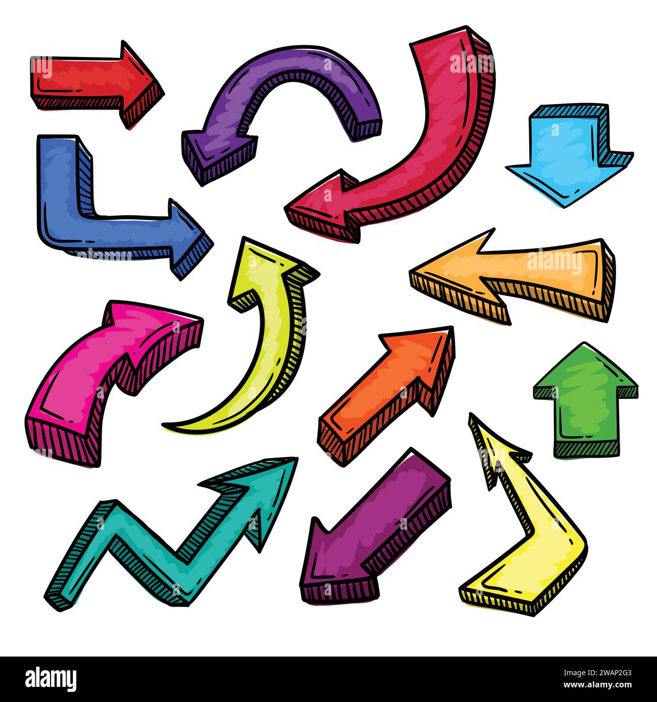 Set of bright multi-colored vector volumetric doodle arrows hand-drawn ...