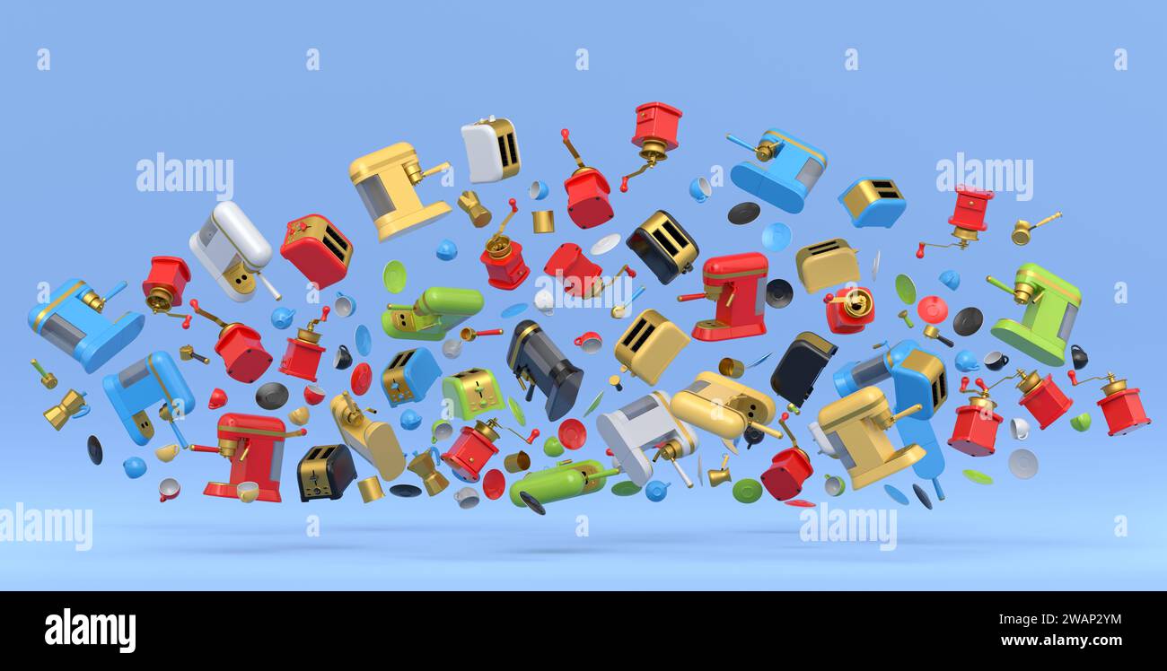 Many of flying espresso coffee machine with horn, cups, geyser coffee ...