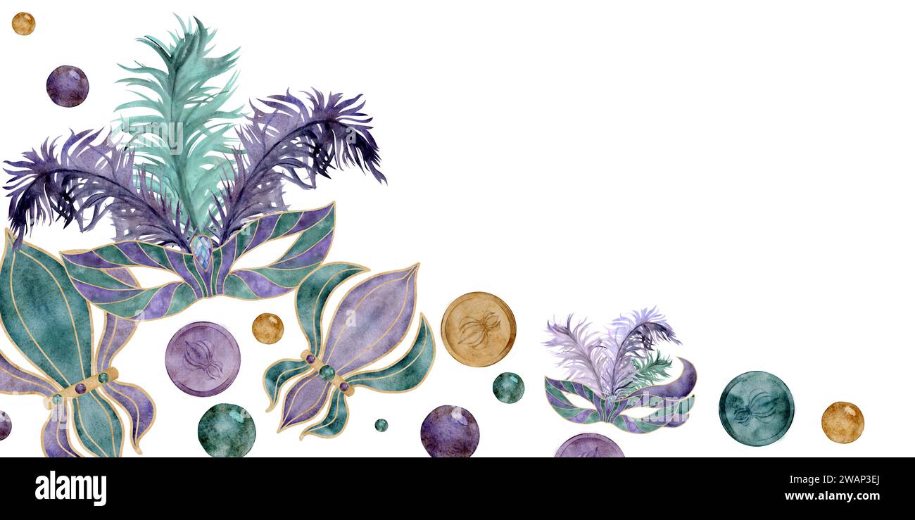 Hand drawn watercolor Mardi Gras carnival symbols. Theater masquerade ...