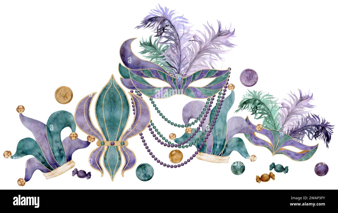 Hand drawn watercolor Mardi Gras carnival symbols. Theater masquerade ...