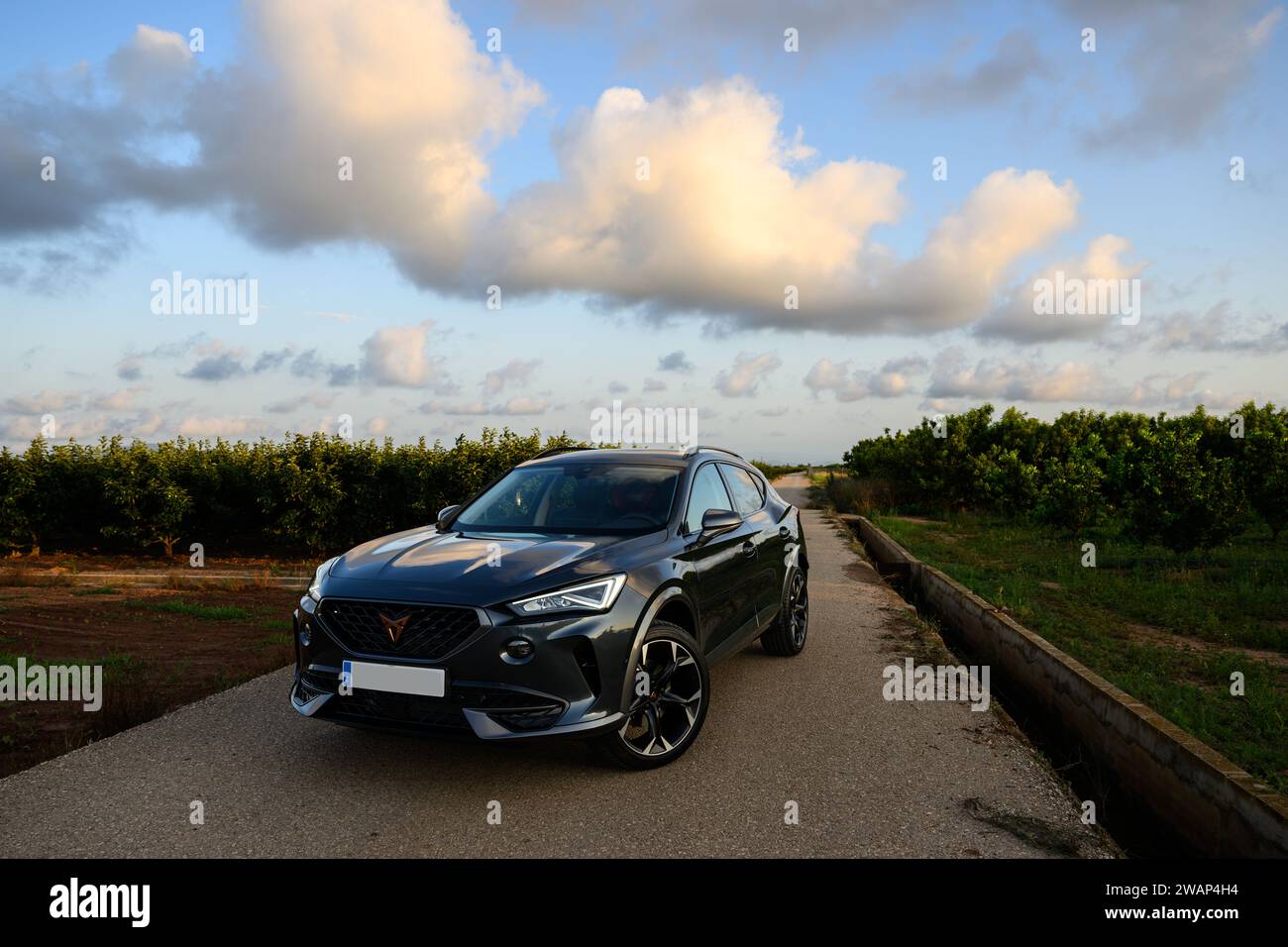 Spanish CUPRA car model Formentor in an outdoor session at sunset with ...