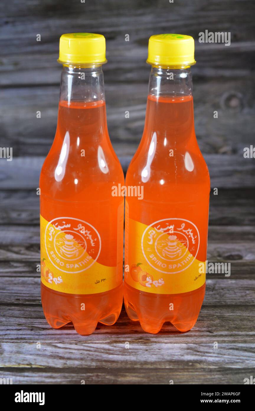 Cairo, Egypt, January 1 2024: Spiro Spathis peach soda drink, Spiro ...