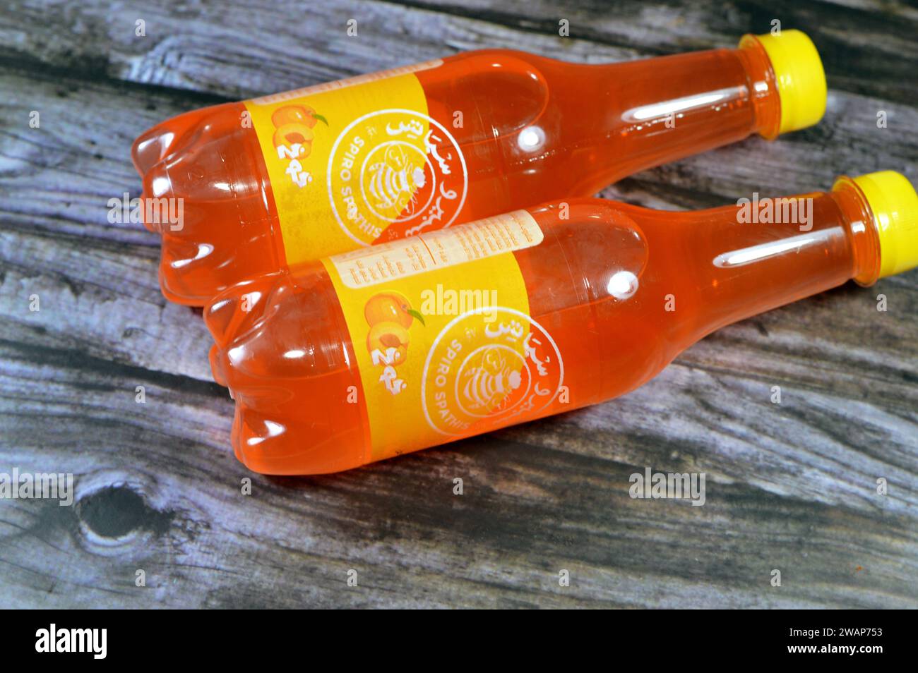 Cairo, Egypt, January 1 2024: Spiro Spathis peach soda drink, Spiro ...
