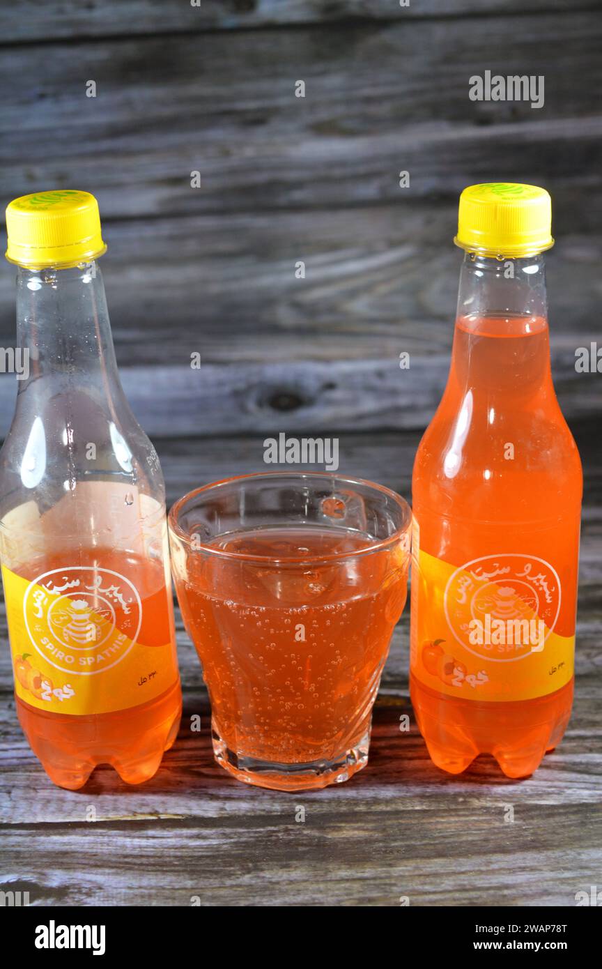 Cairo, Egypt, January 1 2024: Spiro Spathis peach soda drink, Spiro ...
