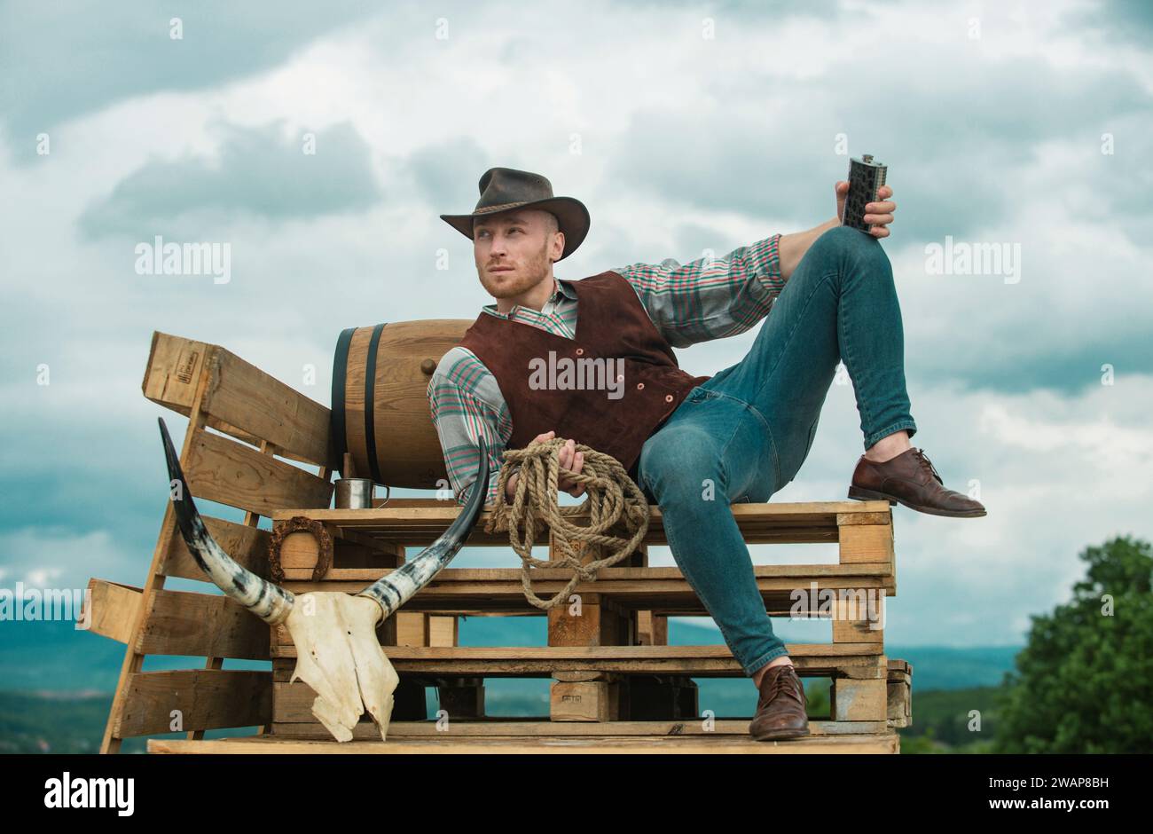 Guy cowboy. Owner of ranch. Farm worker and farming concept. Handsome ...