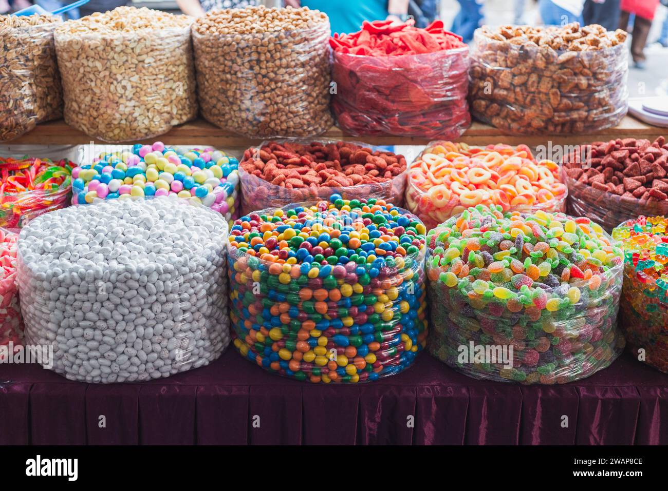 Multiple snacks for sale in Mexico. Market stall Stock Photo - Alamy