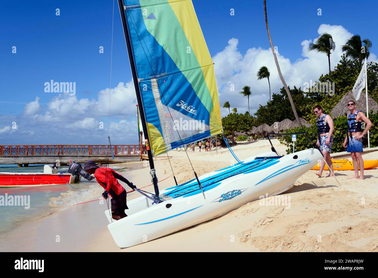 People rigging a catamaran on the beach under blue sky and palm trees ...