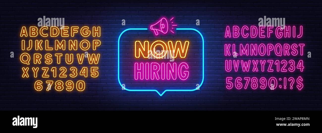 Now Hiring neon sign in the speech bubble on brick wall background ...