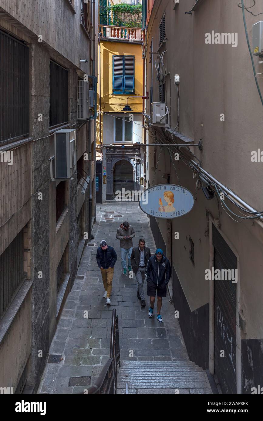 Narrow alleyway in the old town centre with staircase, Genoa, Italy ...